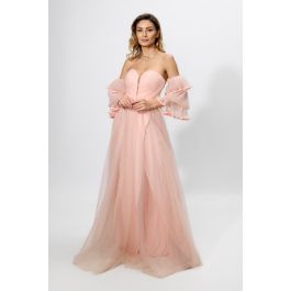 Rochie de ocazie premium din tull cu volane pe maneci Delightful Peach ...